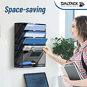 DALTACK Wall File Holder 6 Tier Hanging Wall File Organizer with Hooks, for Papers Mails Folders Clipboard Magazine Organization, for Office Home, Mesh Metal, Black