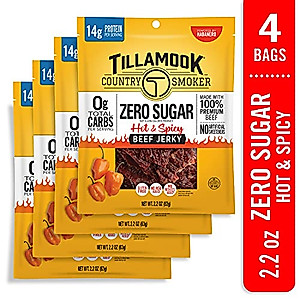 Tillamook Country Smoker Keto Friendly Zero Sugar Beef Jerky, Hot & Spicy, 2.2 Ounce (Pack of 4)