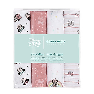 aden + anais Aden Swaddle Blanket, Muslin Blankets for Girls & Boys, Baby Receiving Swaddles, Ideal Newborn Gifts, Unisex Infant Shower Items, Wearable Swaddling Set, 4 Pk, Minnie Mouse Rainbows