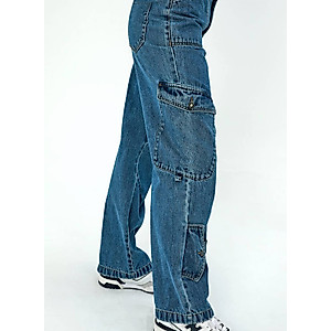 EVALESS Cargo Pants for Women 2024 Trendy High Waist Straight Leg Baggy Cargo Jeans Women's Casual Wide Leg Pants with 6 Pockets Blue Size 10