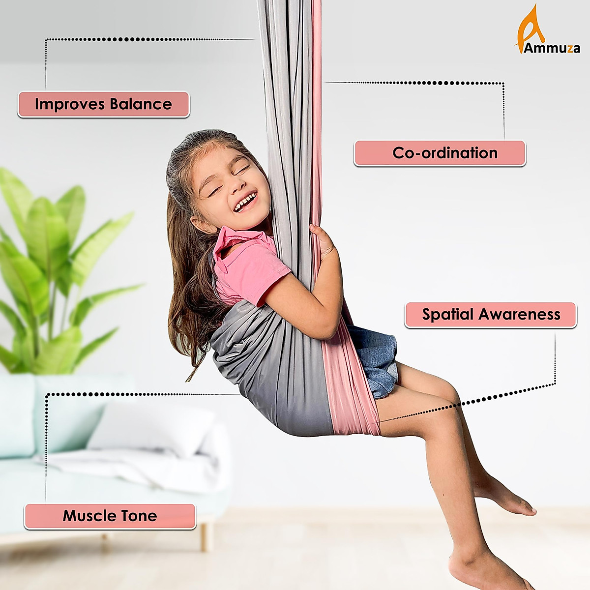 AMMUZA Indoor Sensory Swing For Kids & Adults 200lb - Therapy Swing For Autism, ADHD, Aspergers - Indoor Hammock Kids Swing, Calming Relaxing 360° Adjustable Sensory Toys Gifts (Pink & Grey)