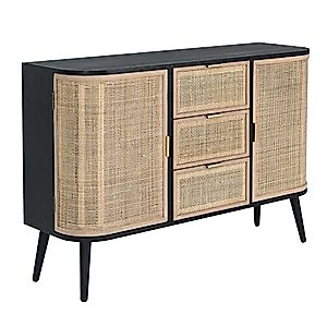 Benjara Dana 47 Inch Wood Sideboard Cabinet, 3 Drawers, Rattan Doors, Modern, Brown and Black