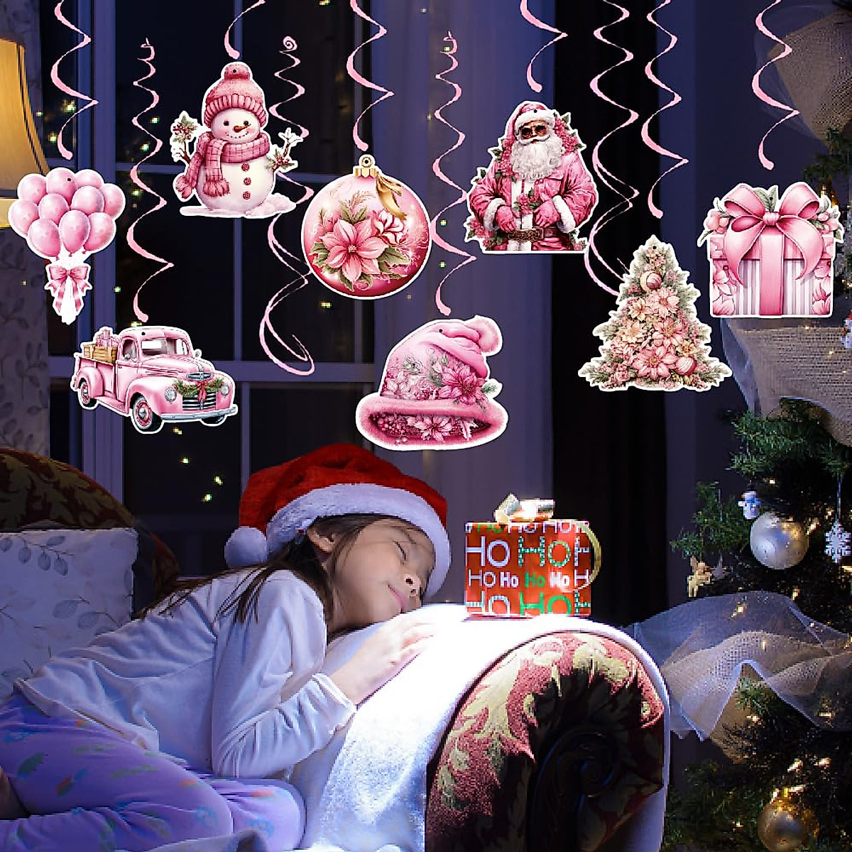 36Pcs Pink Christmas Hanging Swirl Decorations, Christmas Ceiling Streamers, Snowflake Swirls Decoration for Winter, Xmas Ornaments Pink Christmas Decor Pink Girls Birthday Party Supplies Favor