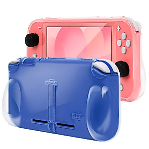 Orzly Protective Case for Switch lite, Clear Rugged Grip case with Kickstand Shock Absorption for Blue Turquoise Yellow Coral Grey - Hand Grip Transparent Edition with with Thumb Grips Included