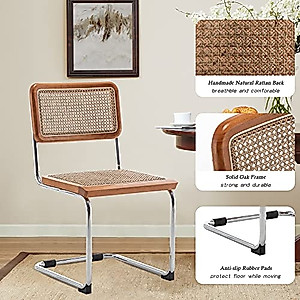 Alunaune Modern Mid Century Dining Chairs Set of 2, Upholstered Natural Rattan Kitchen Chairs Accent Chair, Armless Side Chairs with Metal Chrome Legs for Bedroom Living Room-Brown