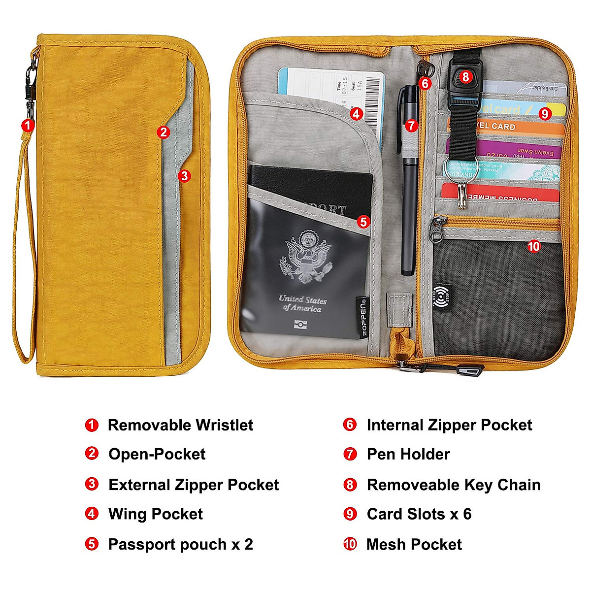 ZOPPEN Passport Holder Family Women/Men, Travel Wallet RFID Passport Wallet Travel Essentials Documents Organizer Zipper Case with Removable Wristlet Strap, Yellow