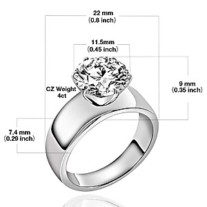 FlameReflection Stainless Steel 4 Carat Round Cubic Zirconia CZ Engagement Women Wedding Solitaire Promise Bands Ring size 6