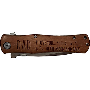 Dad - I Love You to The Moon and Back Stainless Steel Folding Pocket Knife with Clip, Wood
