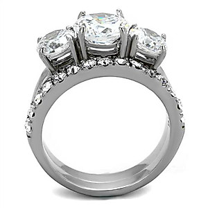 Marimor Jewelry Stainless Steel 4.17 Carat Round Cut 3 Stone Engagement and Wedding Ring Set Size 5