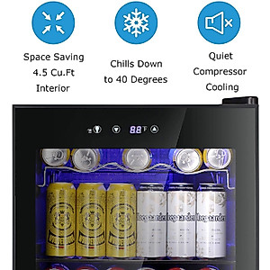 Antarctic Star Beverage Cooler 145 Can Mini Fridge Glass Door for Soda Beer Wine Glass Door Stainless Steel Small Drink Refrigerator Digital Display for Home, Office Bar,4.4cu.ft