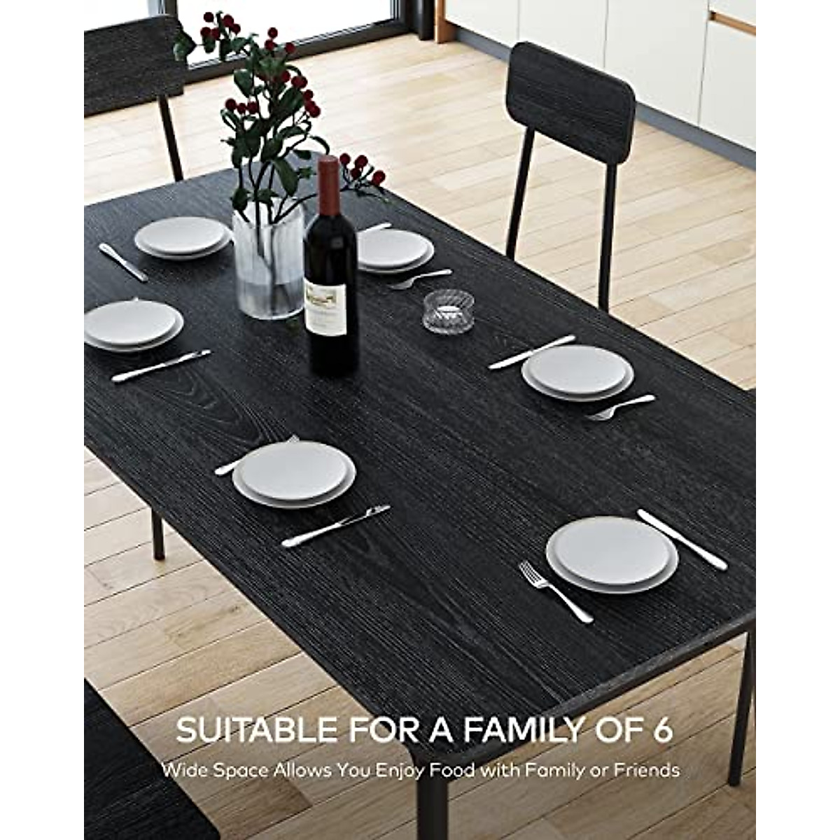 Bealife Dining Table Set for 6 with Bench, 6 Piece Dinette Set W/Chairs for Small Space, Kitchen Table and Chairs for 6 with Rectangular Table, Bench, 4 Chairs, Storage Rack, Steel Frame - Black