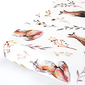 GRSSDER Stretchy Ultra Soft Jersey Knit Fitted Pack n Play Sheets Set 2 Pack, Fit Portable/Mini Crib, Playards Mattress Pads Safe and Snug, Pretty Fox for Baby Girls