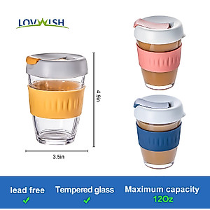 LOVWISH Tumbler Glass Water Bottle, Coffee Mugs Glass Set of 2,Tempered Glass Travel Coffee Mug with PP Lid, With Anti-scalding Silicon,24oz - (Pack/12oz)
