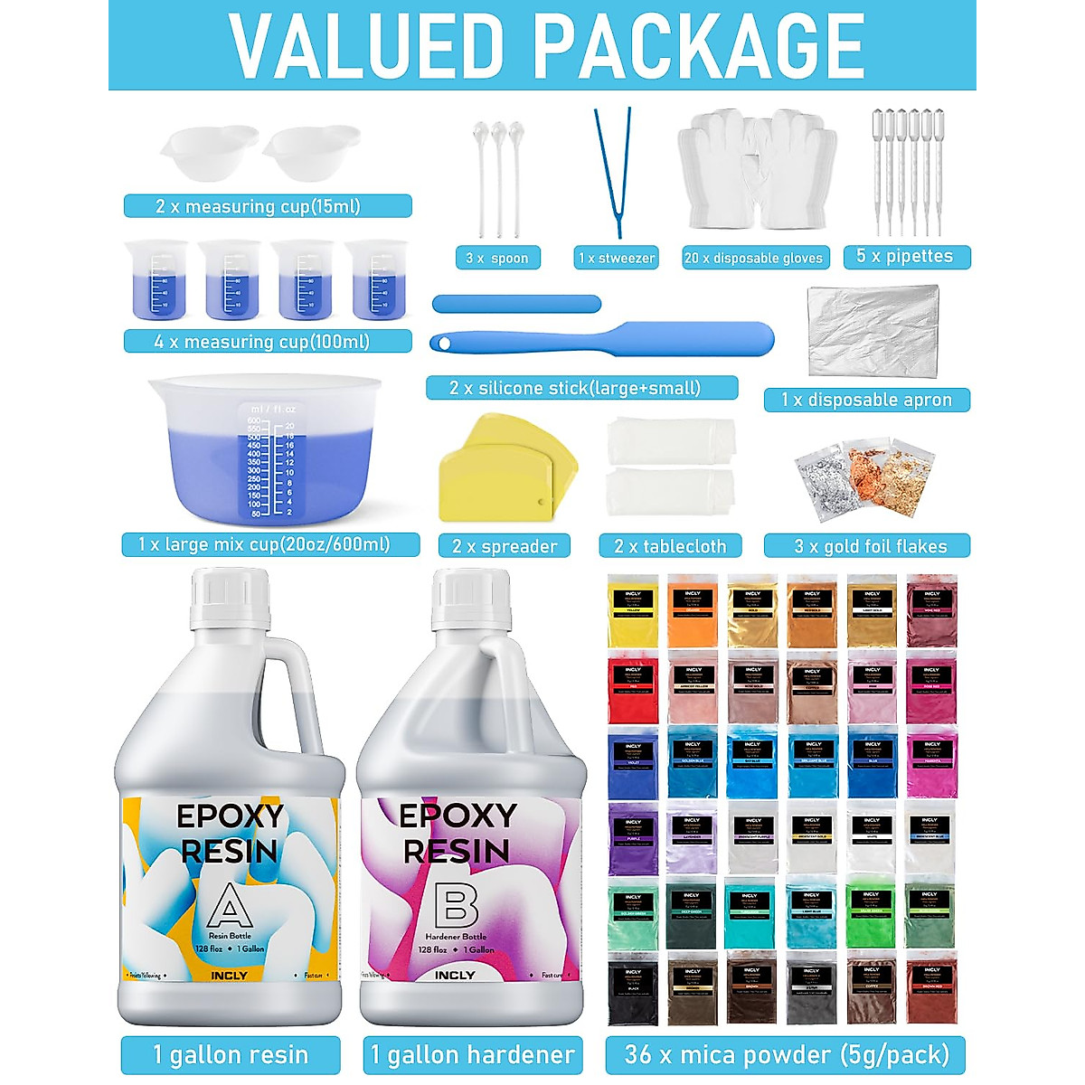 Incly 80oz Crystal Clear Epoxy Resin Kit, Casting & Coating Art Resin Supplies for Jewelry Making,Craft Tabletop,Mold, Bubble Free Resin Kit for Beginner with 15 Mica Powder Large Silicone Cup, Sticks