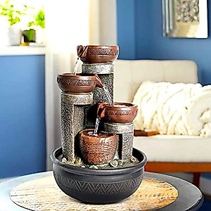 Agoodping 15.7''H Relaxation Desktop Waterfall Fountain Decor Portable Tabletop Waterfall Fountains ,Indoor Waterfall Feature with LED Light for Home Office Bedroom (Brown, 15.7inch)