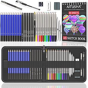 AITUSHA 42-Piece Drawing and Sketching Kit: Comprehensive Art Set for Artists, Watercolor Pencils, Sketch Kit, 50-Page Sketchbook, Black Zipper Case