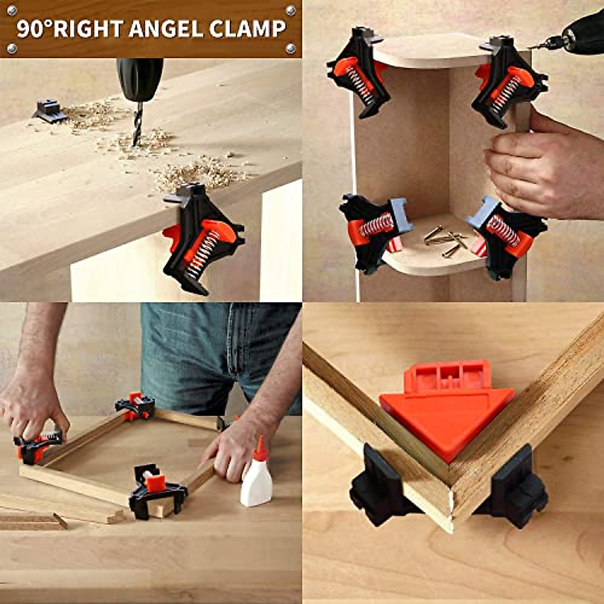 90 Degree Corner Clamps, Wood Working Tools, 4PCS Right Angle Clamps with Adjustable Spring Load, Clip Clamp Tool for Woodworking