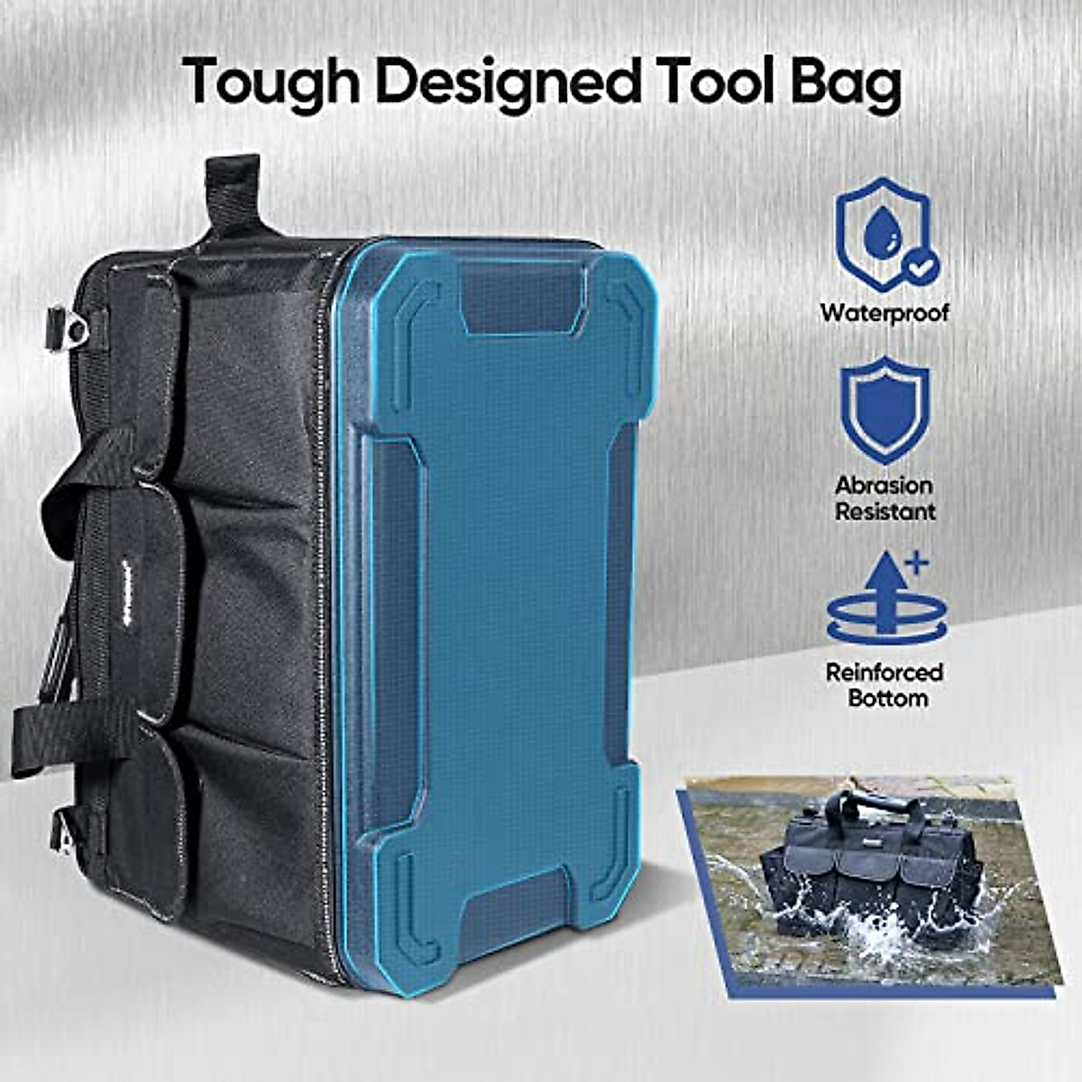 TICONN 16in Tool Bag with Waterproof Molded Bottom, Multi-Pockets Wide Mouth Tool Tote with Safety Reflective Straps, Adjustable Shoulder Strap