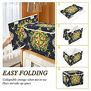 innewgogo Nautical Compass Anchor Storage Bins with Lids for Organizing Organizer Basket with Lid with Handles Oxford Cloth Storage Cube Box for Cat Toys