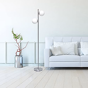 Simple Designs LF1044-BSN 66" Tall Mid Century Modern Standing Tree Floor Lamp w Dual White Glass Globe Shade for Study, Living Room, Bedroom, Entryway, Brushed Nickel