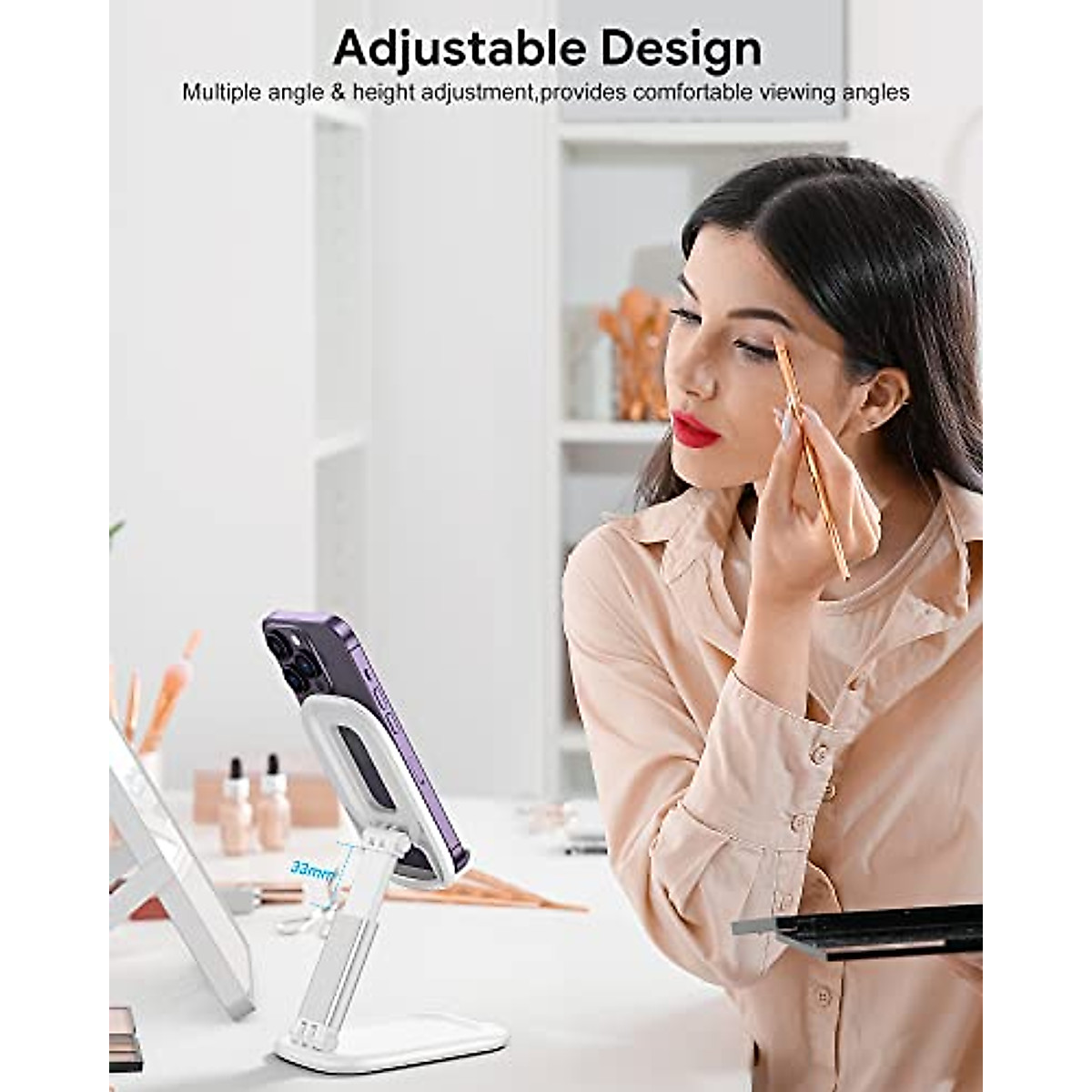 OMOTON Foldable Cell Phone Stand, Fully Portable Phone Stand for Deak Cell Phones Accessories, Height Adjustable Mobile Phone Holder Stand with Charging Hole, Compatible with All Smart Phones, White