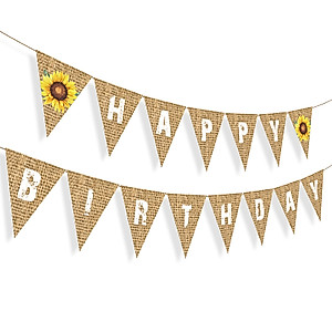 Sunflower Happy Birthday Banner Sunflower Theme Party Decorations Happy Birthday Banner Bunting Decorative Burlap Banner for Baby Shower Kids Birthday Party, Sunflower Pattern Flag Party Supplies