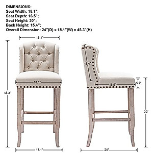 DUOMAY Classic Tufted 30 Inch Bar Stools Set of 2, Linen Upholstered Counter Chairs with Back, Armless Barstools Breakfast Stools W/Solid Wood Legs for Kitchen Island Lounge Pub Bar, Beige