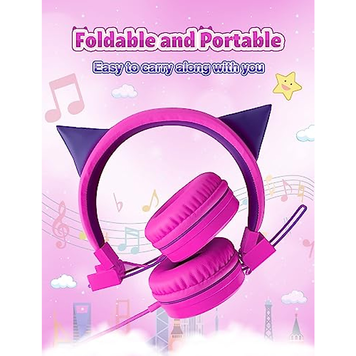 SIMJAR Cat Ear Kids Headphones with Microphone for School, Volume Limiter 85/94dB, Wired Girls Headphones with Foldable Design for Online Learning/Travel/Tablet/iPad (Purple)