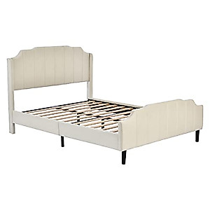 Queen Size Upholstered Bed with Headboard and Footboard, Wood Queen Platform Bed Frame for Bedroom, Velvet Fabric, No Box Spring Needed (Queen, Beige)