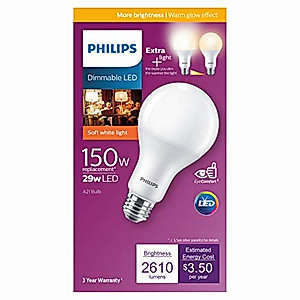 Philips LED Frosted Flicker-Free A21 Light Bulb, Dimmable Warm Glow Effect, EyeComfort Technology, 2610 Lumen, 2700-2200K, 29W=150W, E26 Base, Pack of 4