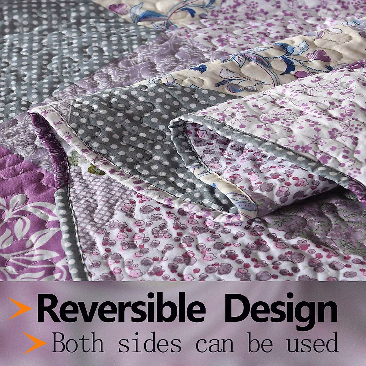 ENJOHOS King Size Quilt Set - 3 Pieces Purple Patchwork King Quilt with 2 Pillowcases, Lightweight Reversible Country Bedspread with Floral Design