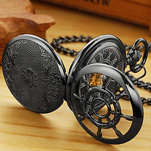 Whodoit Men's Mechanical Pocket Watch Black Rudder Pattern Double Open Hollow Roman Numerals Pocket Watch
