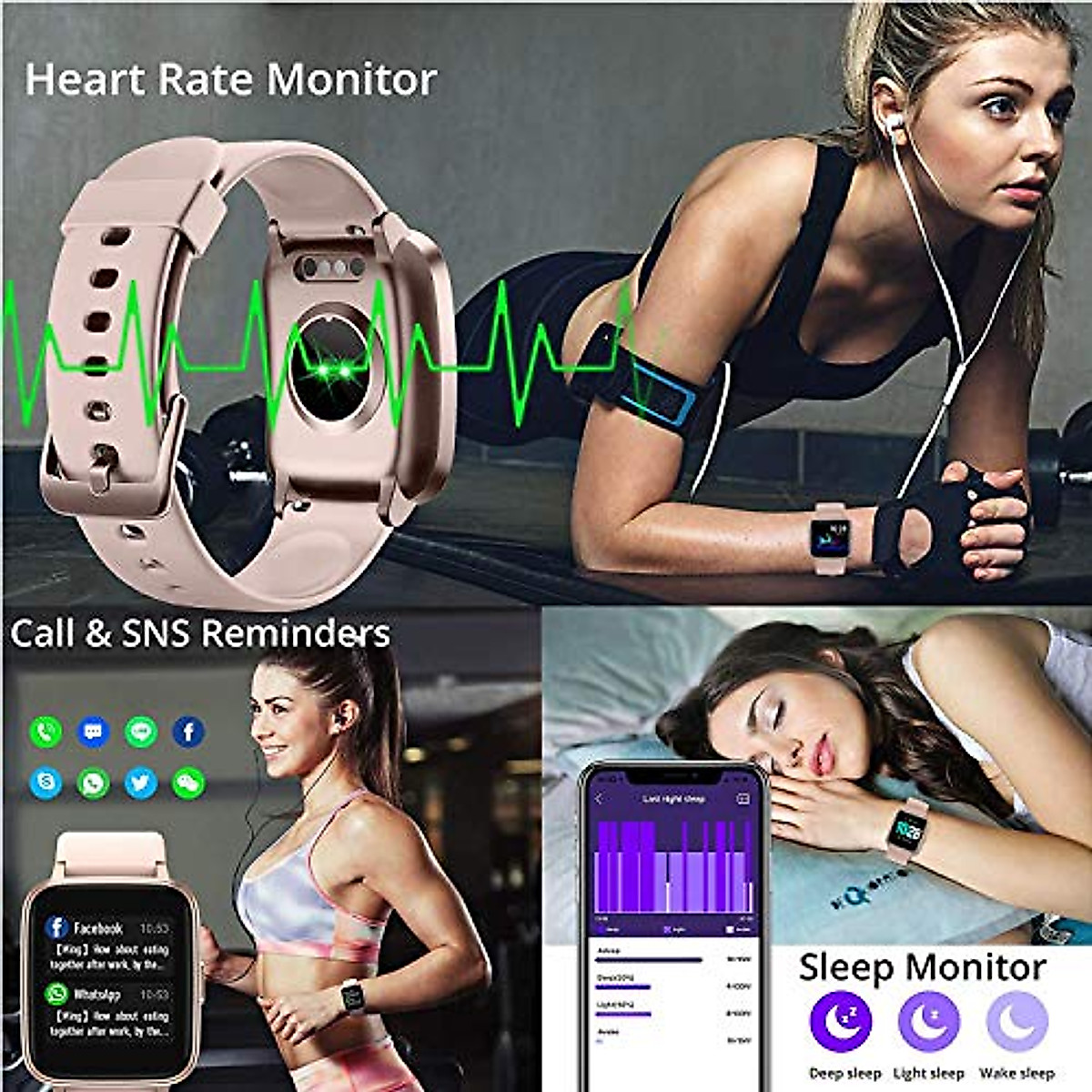 Fitness Tracker Smart Watch for Android Phones and iOS Phones Step Tracker Heart Rate Monitor, IP68 Waterproof Fitness Watch Sleep Monitoring, Calorie Counter, Pedometer Smartwatch for Women