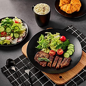 CREATIVELAND Round Stoneware Dinnerware Set Durable Kitchen and Dining,16 Piece Service For 4,Pasta Bowls,Large Salad Bowls,Porcelain Bowl,Wide and Shallow,Microwave and Dishwasher Safe, Matte Black.