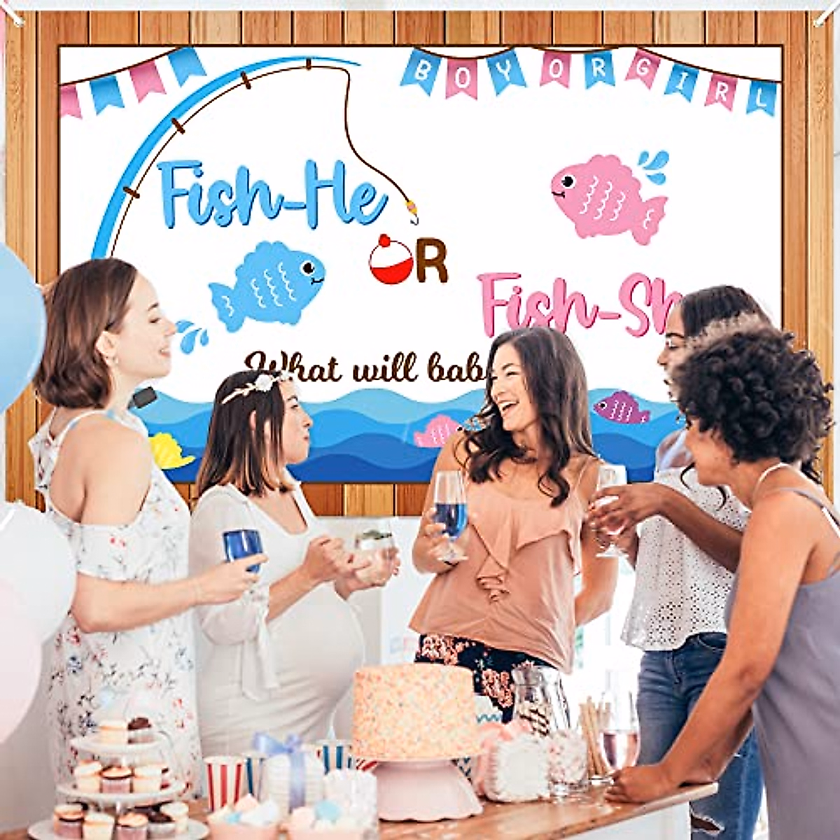 Gone Fishing Gender Reveal Poster Photo Backdrop,Fish She or Fish He Gender Reveal for Baby Boy or Girl Sign Baby Shower Decoration of Gender Reveal Backdrop