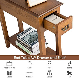 Tangkula Narrow End Table, Slim Side Table with Drawer and Open Shelf, Small End Tables for Small Spaces, Narrow Nightstand Bedside Table for Living Room Bedroom, 9.8 x 23.6 x 23.6 inches (1, Walnut)