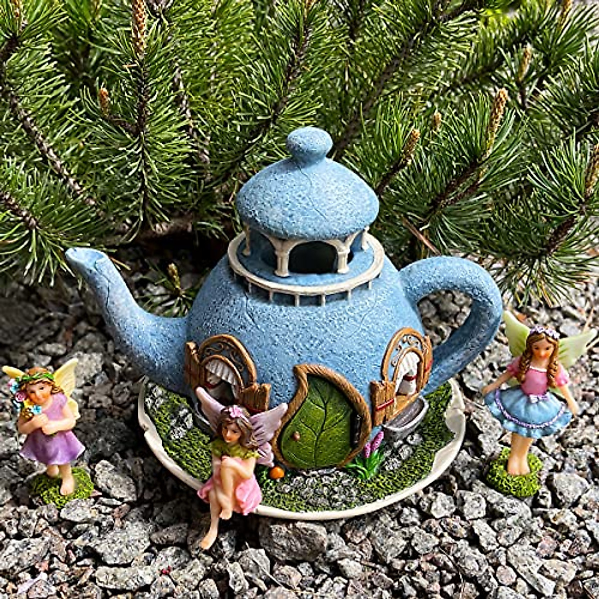 Mood Lab Fairy Garden Miniature Teapot House Kit - Figurines and Accessories Set of 4 pcs - 7.1 Inch Tall House