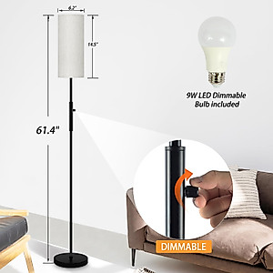 Floor Lamps for Living Room, Modern Standing Lamp, Minimalist Pole Lamp, Stepless Dimmable 9W Bulb Included, Tall Lamp with Linen Shade, Lamps for Bedroom, Office, Kids Room, Reading Light