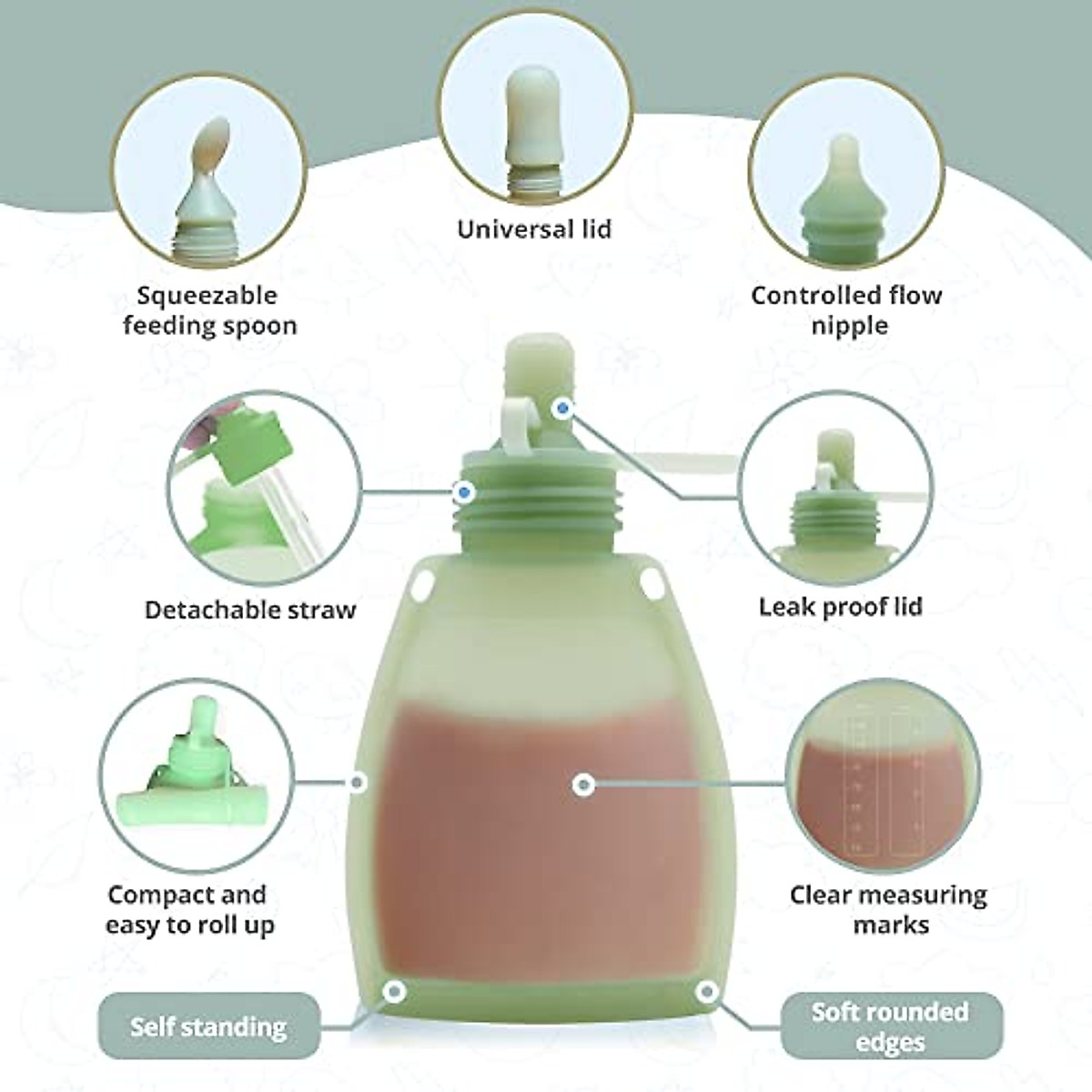 KAANG Silicone Baby Food Pouches Refillable 5oz 2 Pack, Reusable Food Pouches for Baby Food Storage with Spoon Feeder for Toddlers and Babies, Make Homemade Organic Food (Green)