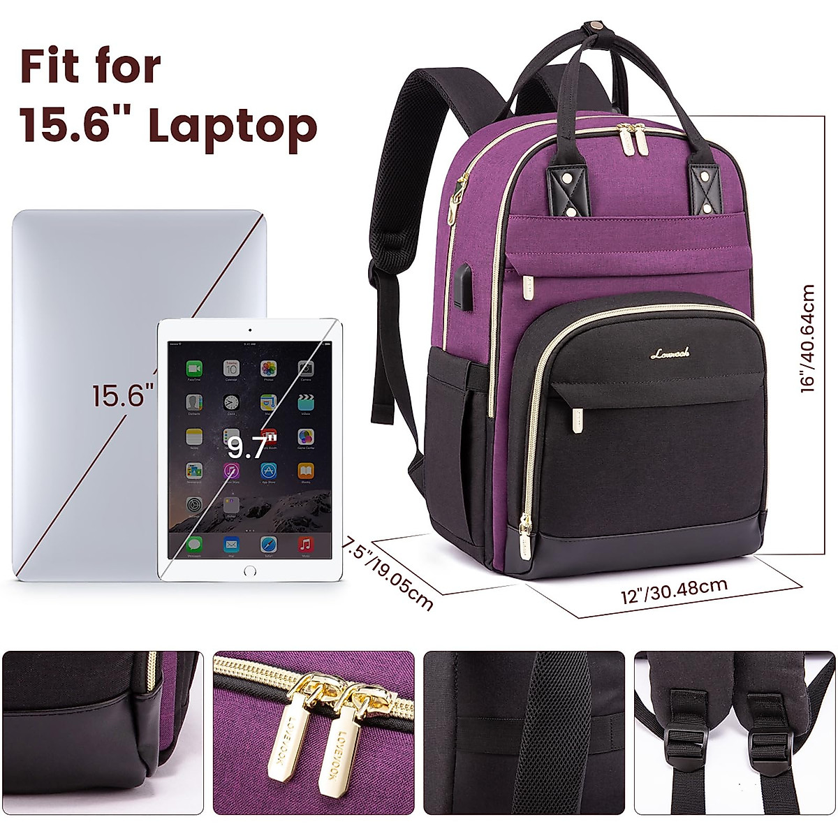 LOVEVOOK Laptop Backpack for Women, Fits 15.6 Inch Laptop Bag, Fashion Travel Work Anti-theft Bag, Business Computer Waterproof Backpack Purse, University Backpacks, Purple-Black-Black