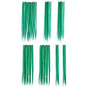 SWACC 7 Pcs Full Head Party Highlights Clip on in Hair Extensions Colored Hair Streak Synthetic Hairpieces (22-Inch Straight, Green)