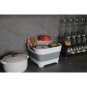 Goderewild 2024 Upgraded 2.4 Gal (9L) Collapsible Dish Basin with Drain Plug, Space Saving Multiuse Foldable Sink Tub, Dishpan, Beverage Tubs for Camping, Vegetable Washing, RV (Gray)