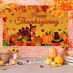 Happy Thanksgiving Photo Backdrop, Fall Maple Leaves Turkey Pumpkin Themed Thanksgiving Banner for Thanksgiving Party Decorations, 71x43 Inches