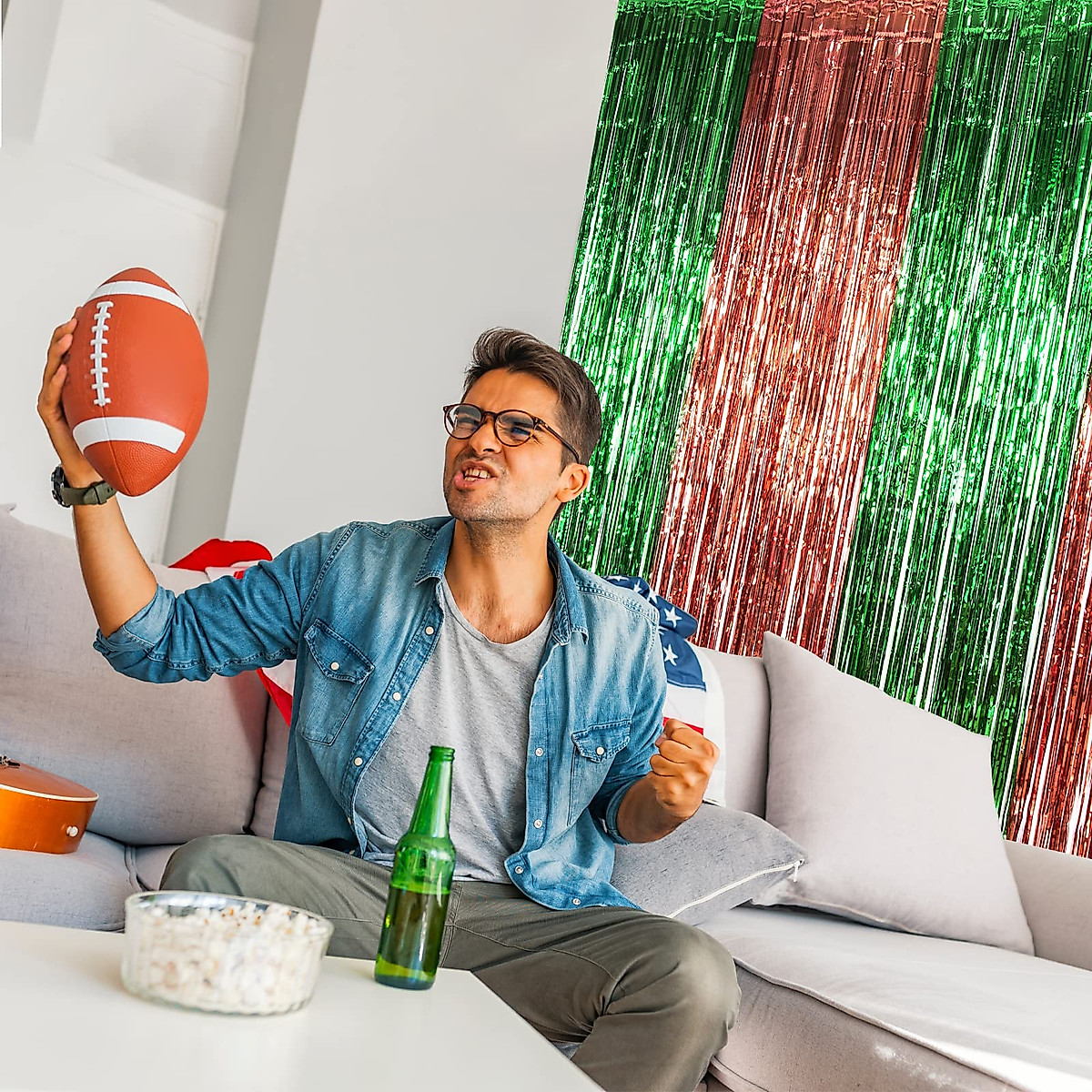 LOLStar 3 Pack Superbowl Photo Booth Prop, Football Party Decorations, 3.3x6.6 ft Dark Green and Brown Foil Fringe Curtain Photo Backdrop for Super Bowl Sunday Party, Football Themed Party Decoration