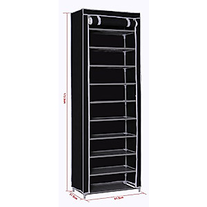 Homebi 10-Tier Shoe Rack 30 Pairs Shoe Tower Closet Shoes Storage Cabinet Portable Boot Organizer with Dustproof Non-Woven Fabric Cover and 10 Durable Shelves (Black) (Black)