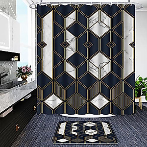 YOKYHOM Bathroom Sets, 4 Piece Geometric Bathroom Shower Curtain Sets with Rugs (Black), Incl 71'' x 71'' Polyester Waterproof Shower Curtain with 12 Hooks, Non Slip Bath Mats and Toilet Lid Oval Rug