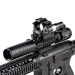 Pinty Rifle Scope 3-9x32 Rangefinder Illuminated Optics Red Green Reflex 4 Reticle Sight Green Dot Laser Sight with 14 Slots 1 inch High Riser Mount,45 Degree Mount