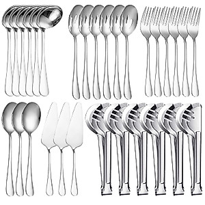 30 Pcs Stainless Steel Metal Serving Utensils Set with Slotted Serving Spoons, Serving Forks, Serving Tongs, Ladles and Pie Servers for Catering/Buffet/Chafing Dish (Silver)