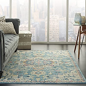 Nourison Passion Ivory/Light Blue 3'9" x 5'9" Area Rug, Boho, Moroccan, Bed Room, Living Room, Dining Room, Kitchen, Easy Cleaning, Non Shedding, (4' x 6')