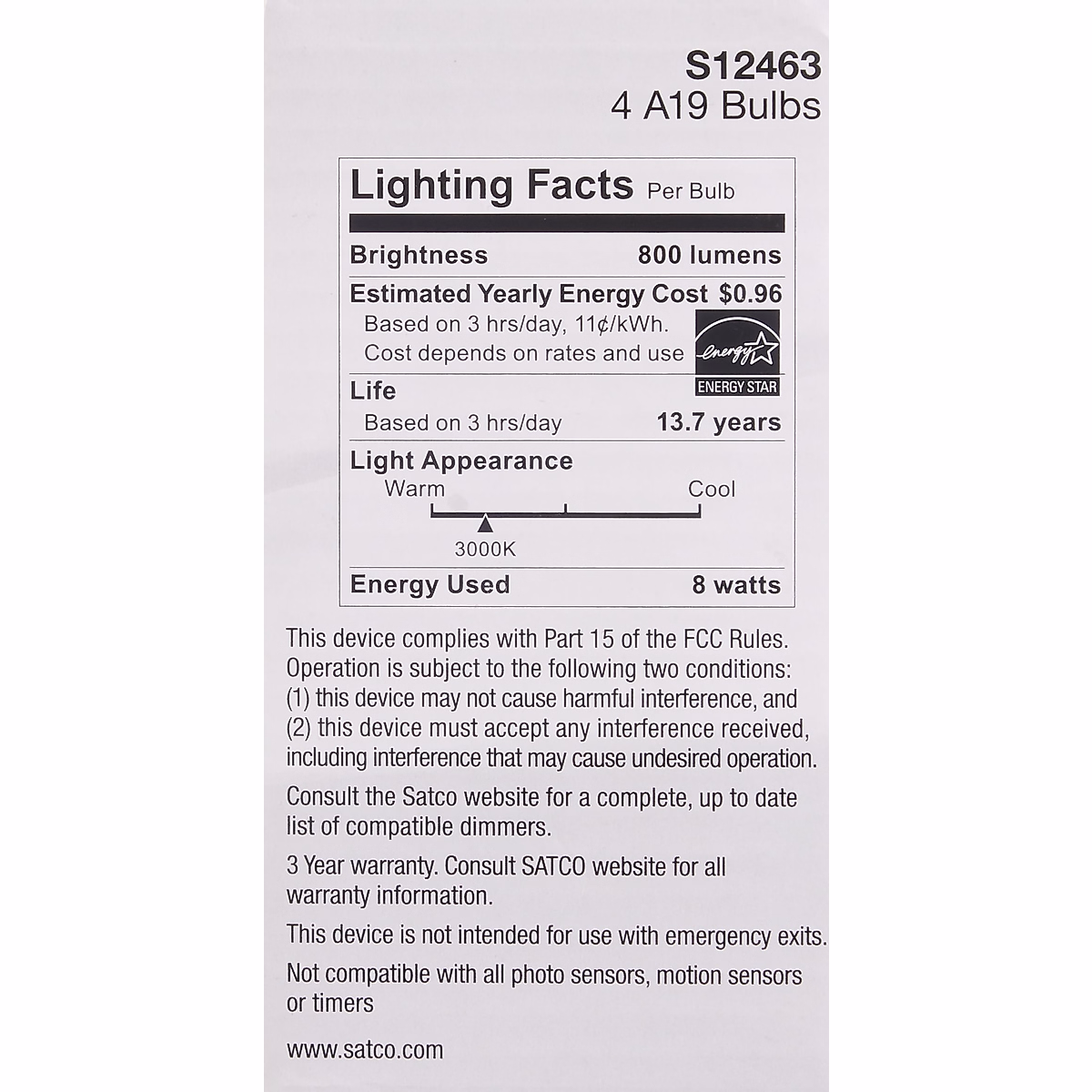 Satco S12463 8 Watt A19 LED Bulb, Clear, 3000K, Medium Base, 120 Volt, 4-Pack